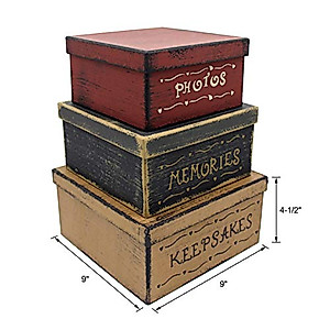 CVHOMEDECO. Primitive Vintage Square Photos, Memories, Keepsakes Cardboard Nesting Boxes, Large 9 X 9 X 4-1/2 Inch. Set of 3.