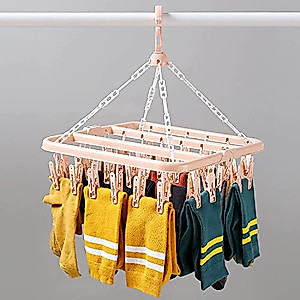 MENFENG Clothes Drying Hanger and Drip Foldable Hanging Sock Rack（32 Clips ） Multifunction Clothes Drying Rack，Rotary Wind-Sock Hanger for Washing line，for Socks, Underwear, Bras, Baby Clothes (Pink)