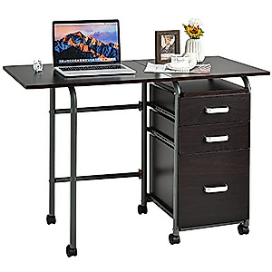 Tangkula Folding Computer Desk with 3 Storage Drawers, Mobile Home Office Desk Study Writing Desk with Smooth Wheels, Space Saving Compact Desk for Dorm Apartment, Rolling Folding Desk Table