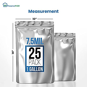 Ex-Thick Stand Up 25 Pcs 1 Gallon Mylar Bags for Food Storage 7.55 Mil - Large 14"x10" Airtight Vacuum Sealing Sealable Mylar Bags, Long Term Mylar Food Storage Bags, Zipper Pouches Durable Resealable and Heat Sealable Bags For Food