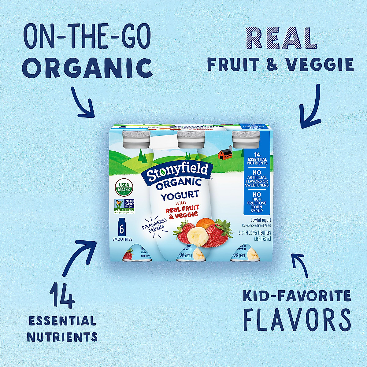 Stonyfield Organic Lowfat Yogurt Smoothies, Strawberry Banana, 3.1 oz., 6 Ct