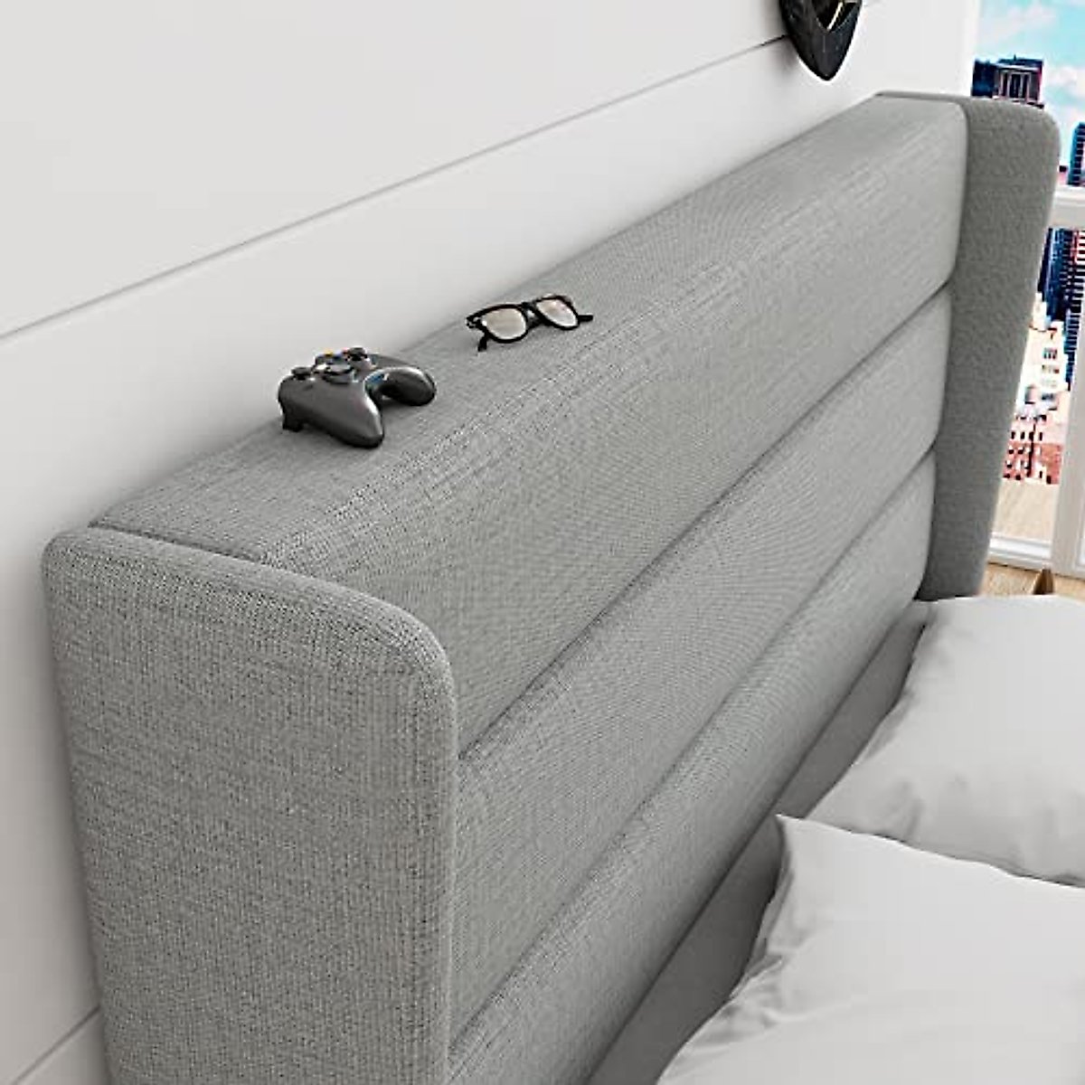 iPormis Queen Upholstered Bed Frame with Wingback, Platform Bed Frame with Storage Headboard, Wood Slats Support, No Box Spring Needed, Noise-Free, Easy Assembly, Light Gray