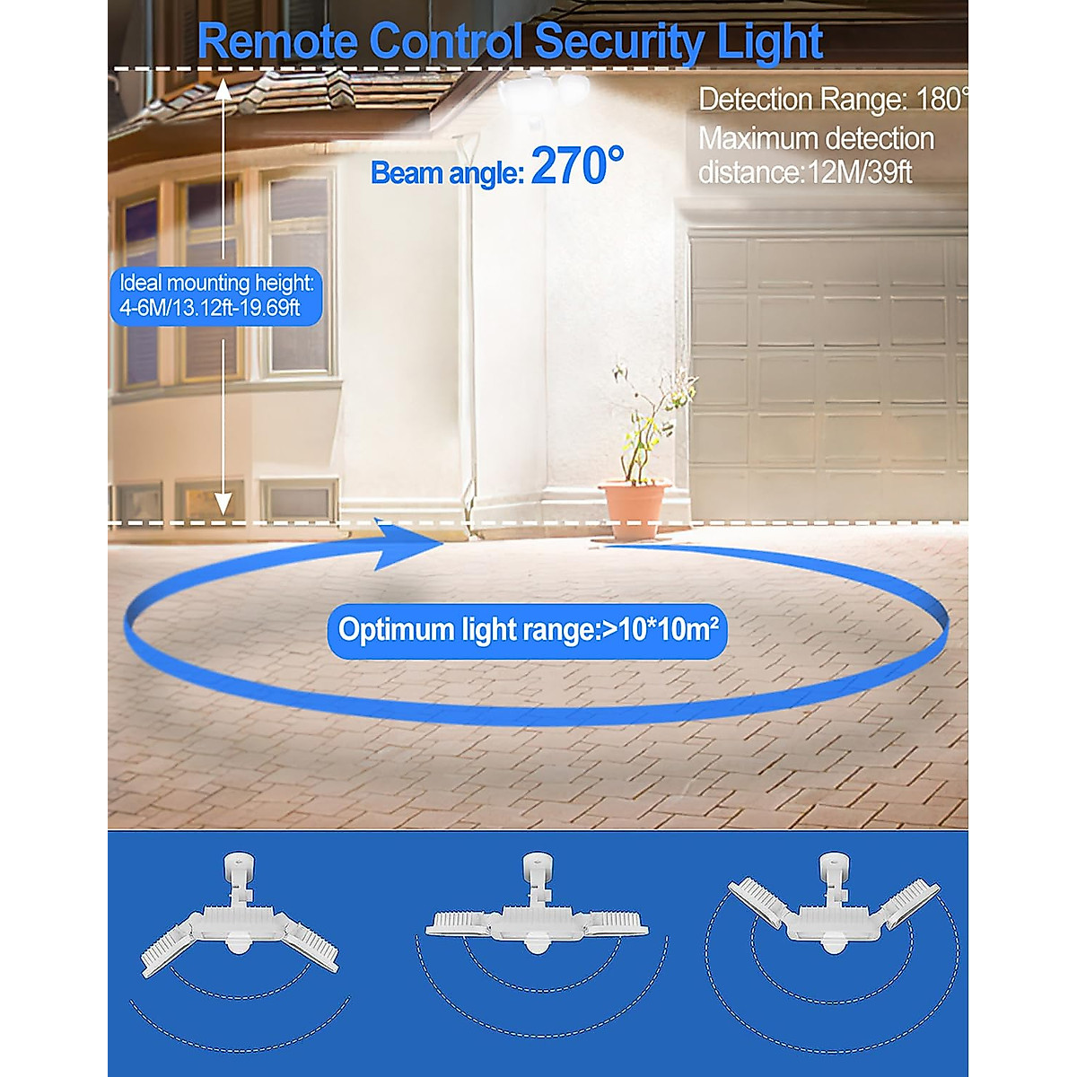 CLY 42W LED Security Lights Motion Sensor Light, 3600LM 5000K, IP66 Waterproof Outdoor Flood Lights, Adjustable Brightness 3 Head Floodlight Remote Control 4 Modes for Garage Yard Eave -White