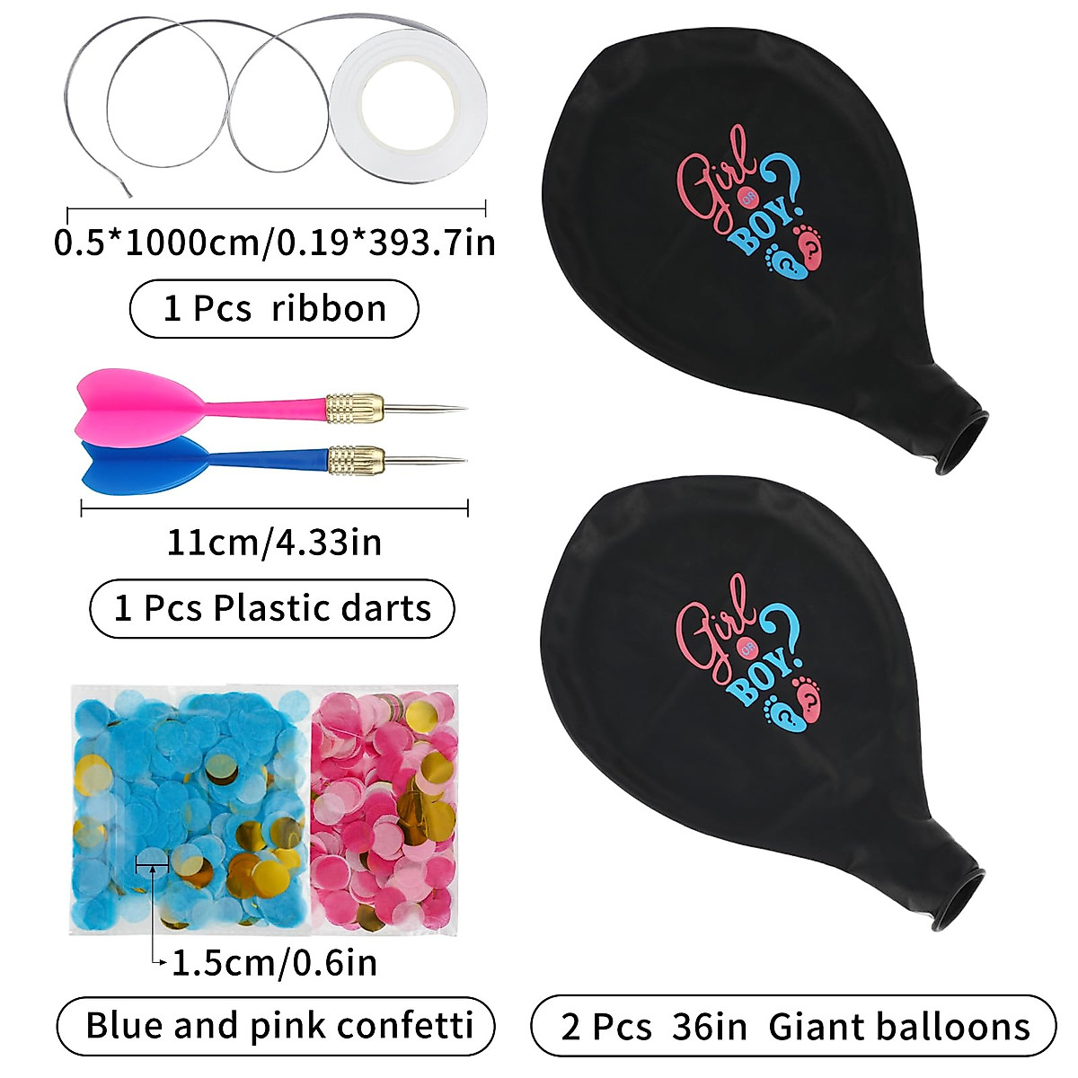 TIESOME 2 Pack Gender Reveal Balloons, 36 Inch Big Black Balloons Boy or Girl Balloon with Pink and Blue Heart-Shaped Confetti for Baby Shower Gender Reveal Party Decorations