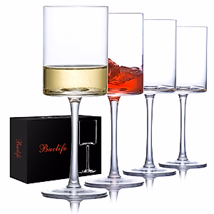 BACLIFE White Wine Glasses Set of 4 - Square wine glasses 15oz in Gift Packaging - Large Red Wine Glass on Long Stem - Unique Modern Shape - For men or women Wedding, Anniversary, Christmas