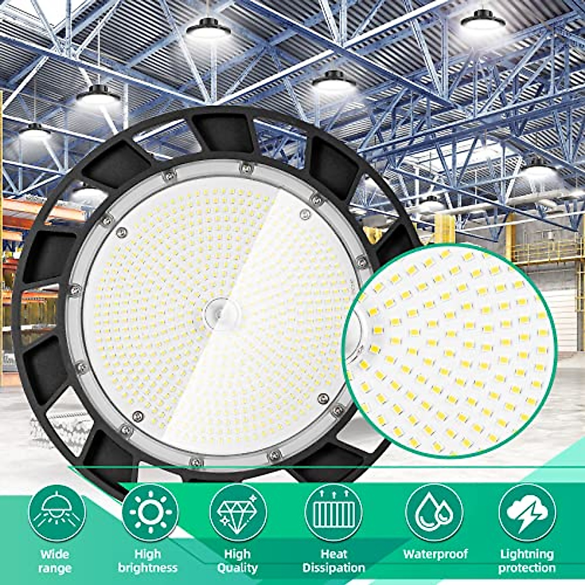 ALNSA LED High Bay Light 150W Super Bright UFO LED High Bay Light 21,000LM 5000K with US Plug 5’Cable, 1-10V Dimmable, IP65 Waterproof LED Shop Lights, Commercial Workshop Factory Area Lighting
