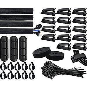 SOULWIT Cable Management Kit, 4 Wire Organizer Sleeve, 3 Cable Holder, 10+2 Cable Organization Straps, 15 Large Cord Clips, 100 Cable Ties for TV PC Computer Under Desk Office