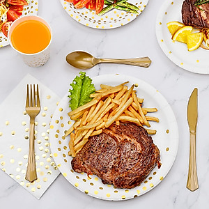 White and Gold Party Supplies, 350PCS Disposable Dinnerware Set w/White Paper Plates Napkin Cups Plastic Forks Knives Spoon for Women Men Birthday Easter Retirement Engagement Graduation Decorations