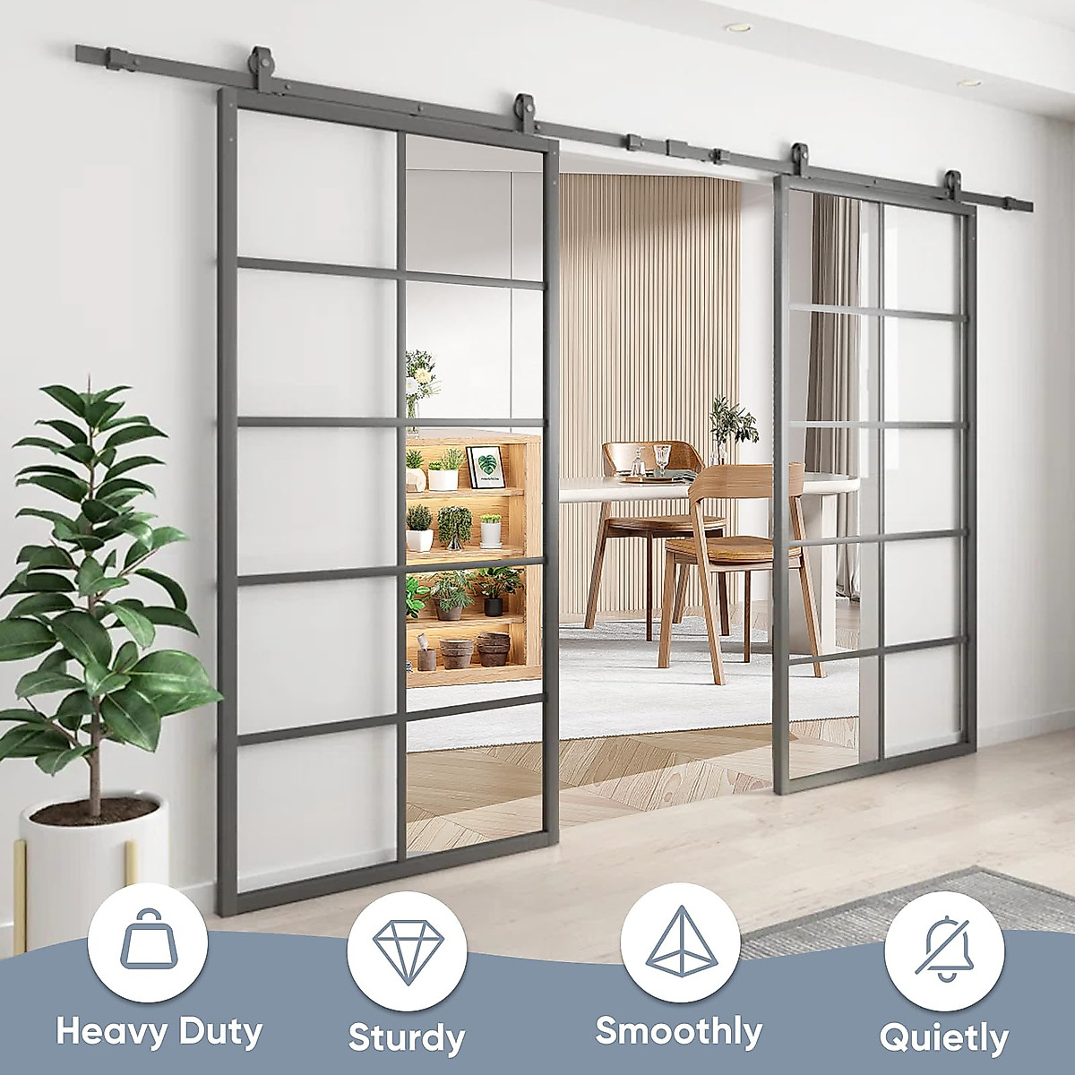 JUBEST Double Barn Door 84 x 84 in with 14FT Hardware Kit, 2 Sets of 42x84 in Clear Tempered Glass Aluminum Frame Barn Door,Pocket Interior Door, Easy Assembly，Black Top-Mounted Hardware