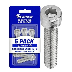 1/2-13 x 1-3/4 Socket Head Cap Screws, Full Thread, Allen Socket Drive, Stainless Steel 18-8, Bright Finish, Quantity 5 Pieces by Fastenere