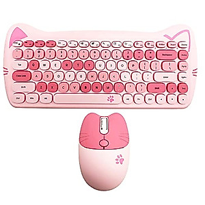 Attoe Wireless Mouse and Keyboard, Cute Cat Keyboard Mouse Combo for Girl Gift,2.4G Cordless Computer Mice with USB Receiver for Laptop PC MAC (Cherry Blossom Pink)…