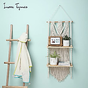 INOVA TYMES Macrame Wall Hanging Shelf 2 Tier - Boho Bedroom Decor | Macrame Wall Decor | Boho Shelf Decor, Hanging Shelves for Wall, Woven Rope Floating Wood Shelves & Storage for Small Plants Books