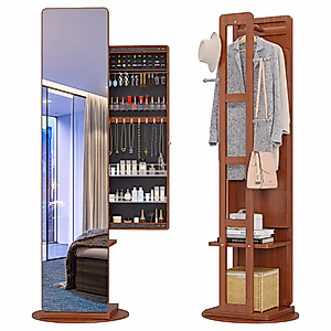 LVSOMT 360° Swivel Jewelry Armoire, Rotatable Full Length Mirror with Jewelry Storage, Standing Jewelry Cabinet with Coat Rack, Walnut, Soild Wood