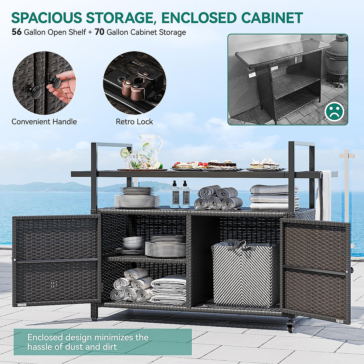 YITAHOME Large Portable Outdoor Wicker Bar Table, Wheels and Black Glass Table Top for Patio Kitchen and Bar Cart (Dark Brown)