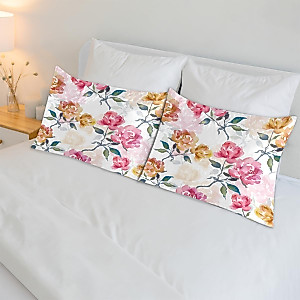 Flower Peony Satin Pillow Cases Silk Satin Pillowcase for Hair and Skin Standard Set of 2 Super Soft Silk Pillowcase with Envelope Closure (20x26 in)