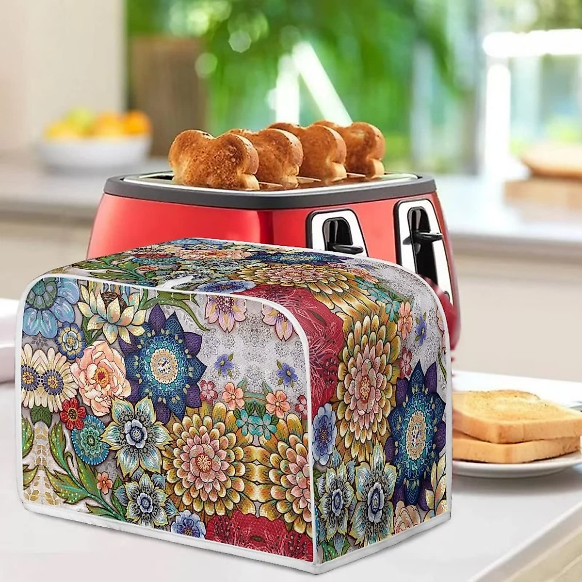 JEOCODY Bright Blossoms Toaster Covers 4 Slice Wide Slot Dustproof Fingerprint Protectors and Greasy Protection Anti-sputtering Machine Washable Women Gift