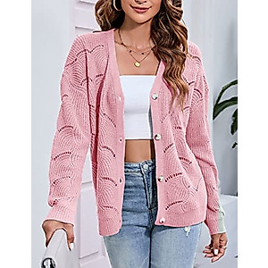KOJOOIN Women's Crochet Cardigan Lightweight Kimono Long Sleeve Hollow Out Kint Outwear Sweater Barbie Pink M