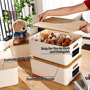Suzile 6 packs Plastic Storage Bins with Bamboo Lids Stackable Storage Containers for Organizing, with Labels and Marker Document Paper Storage(Medium Large)