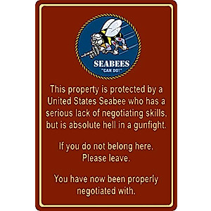 Lenrius Property Protected by Seabee Sailor US Navy Metal Tin Sign 8x12 Inch Home Kitchen Wall Decor