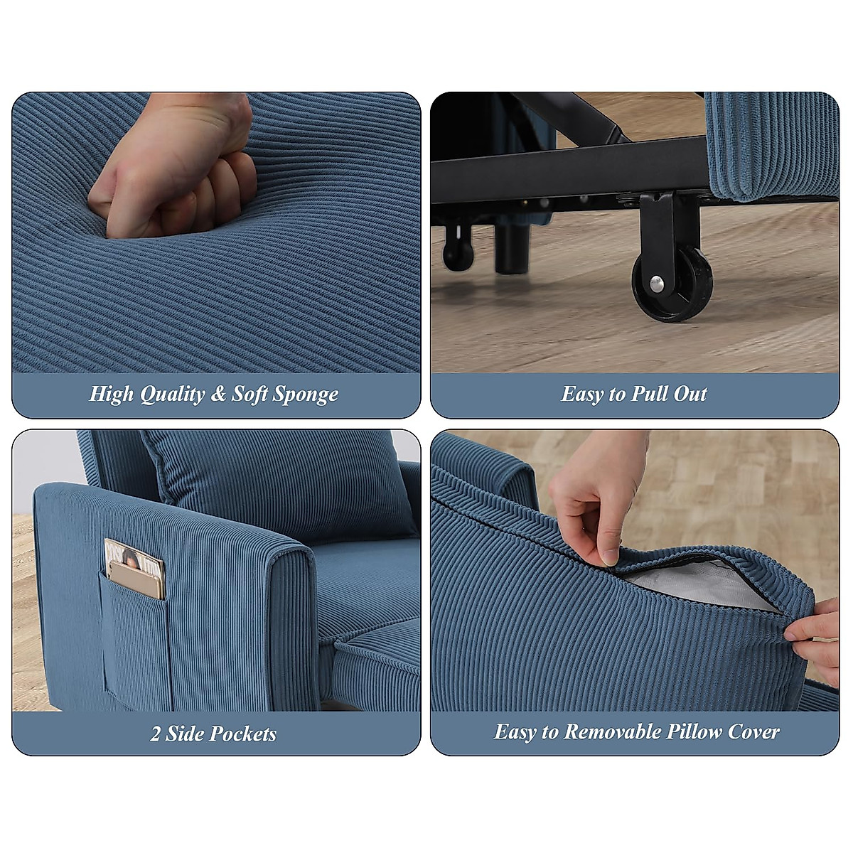 SEJOV Convertible Sofa Bed, 3 in 1 Couch Pull-Out Bed, Loveseat Sleeper Sofa Bed with 3 Adjustable Backrest, Recliner with Throw Pillow, Small Space for Living Room, Apartment, Bedroom, Blue