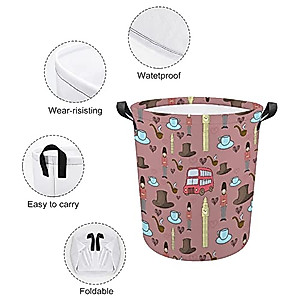 United Kingdom Pattern Foldable Laundry Basket Waterproof Hamper Storage Bin Bag with Handle 16.5"x 16.5"x 17"