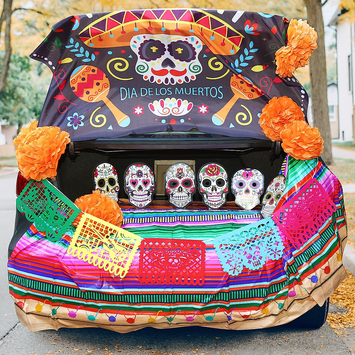 Buryeah 23 Pcs Halloween Day of The Dead Trunk or Treat Car Decorations Kit Dia De Los Muertos Themed Car Decor Mexican Serape Marigold Flower Heads Cutouts Background for Car Trunk