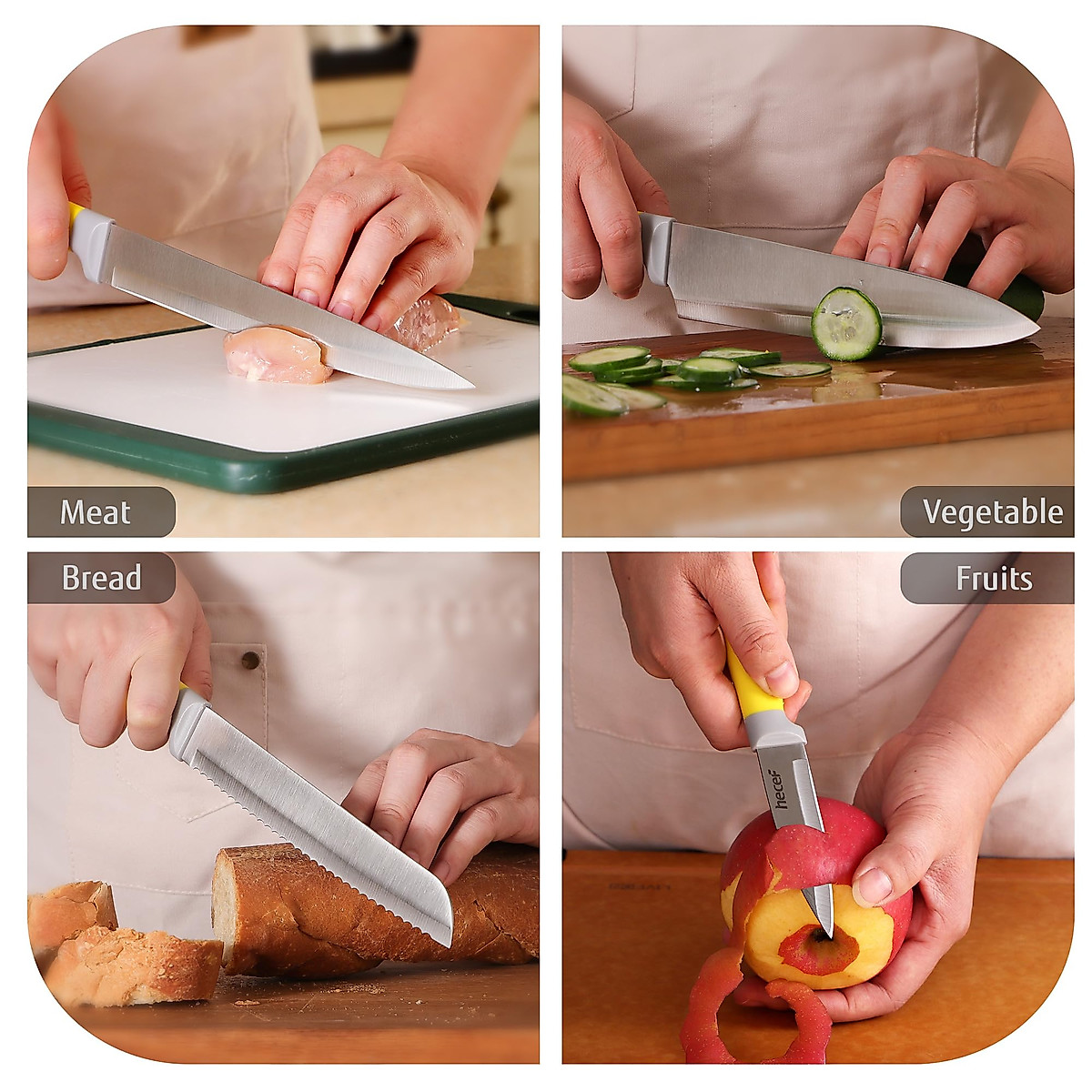 hecef Kitchen Knife Set with Magnetic Strip, 6 pcs Professional Knives Set for Kitchen, 13-inch Magnetic Strip Stainless Steel Sharp Chef Knife Set with Yellow Handle for Cutting Meat & Vegetable