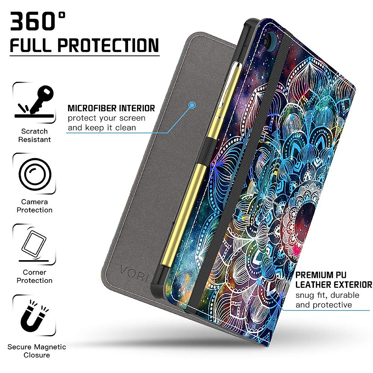 VORI Case for All-New Fire 7 Tablet (9th Generation, 2019 Release), Folio Smart Cover with Auto Wake/Sleep (Mandala Galaxy)