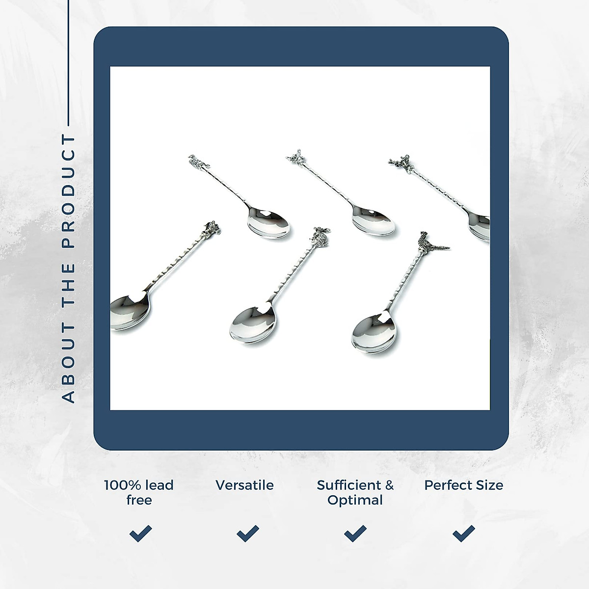 Rigeli Regent White Bronze plated Set of 6 Tea/Coffee Spoons (Animals Design),Giftpacked 6Pcs Stainless Steel, Spoon Set for Tea, Sugar, Coffee, Small Spoon Set, Ice Cream Spoon (Silver)