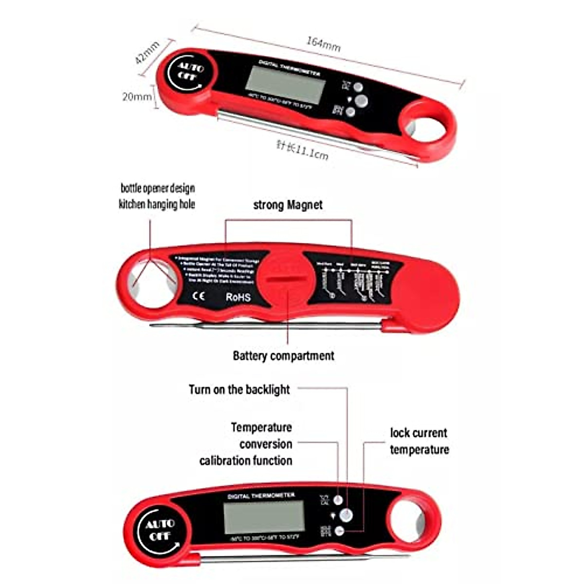 Instant Read Digital Meat Thermometer Waterproof (IP67) Read Food Thermometer for Cooking, Grilling, BBQ and Roast with Backlight Foldable Kitchen Probe Gadget.| Digital Meat Thermometer