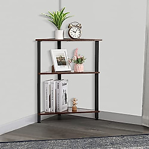 Corner Shelf Wood Storage Stand with Metal Frame, Multipurpose Shelving Unit for Small Space, Home Office, Rustic Brown