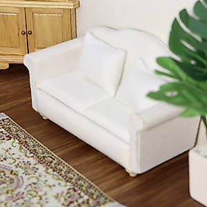 Dollhouse Couch Miniature Furniture Sofa with Pillows for Living Room Desktop Decoration Fabric Sofa Mini Home Scene Accessories Ornament (Double Sofa, White)