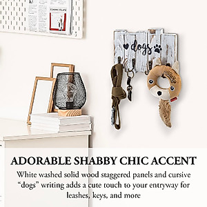 MyGift Wall Mounted Dog Leash Holder, 4-Hook Rustic Whitewashed Wood Hanging Key Hook Rack with Cursive Dogs Label, Heart and Paw Print Decals