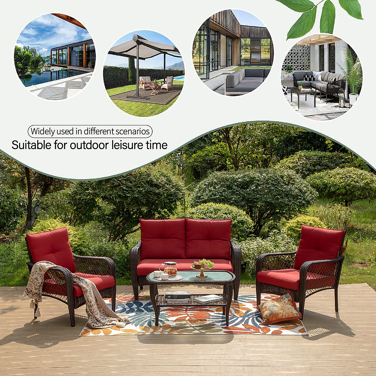 PHI VILLA 4 Piece Outdoor Wicker Patio Furniture Sets Clearance, Patio Wicker Conversation Sets All Weather Rattan Wicker Sofa with Cushions for Garden Lawn Deck, Brown & Red