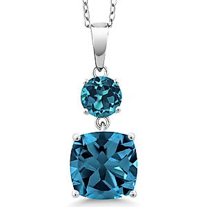 Gem Stone King 6.30 Cttw London Blue Topaz Pendant Necklace For Women In 925 Sterling Silver | Gemstone November Birthstone | Cushion 10MM | Round 6MM