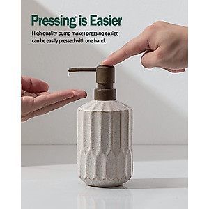 Fun Elements Bathroom Soap Dispenser, 16 Oz Luxurious Hand soap Dispenser for Bathroom, Ceramic Liquid Soap Dispenser for Bathroom Countertop with Plastic Pump, Silicone Funnel (Wooden Color Pump)