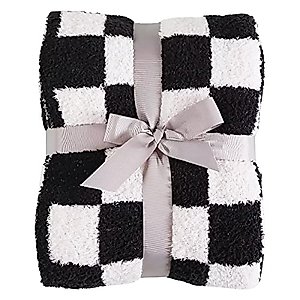 Panku Super Soft Checkered Throw Blanket, Knitted Cozy Warm Checkboard Fleece Blankets for Couch and Sofa, Reversiable Luxury Fluffy Plaid Knit Blanket Throw Black and White 50x60 Inches