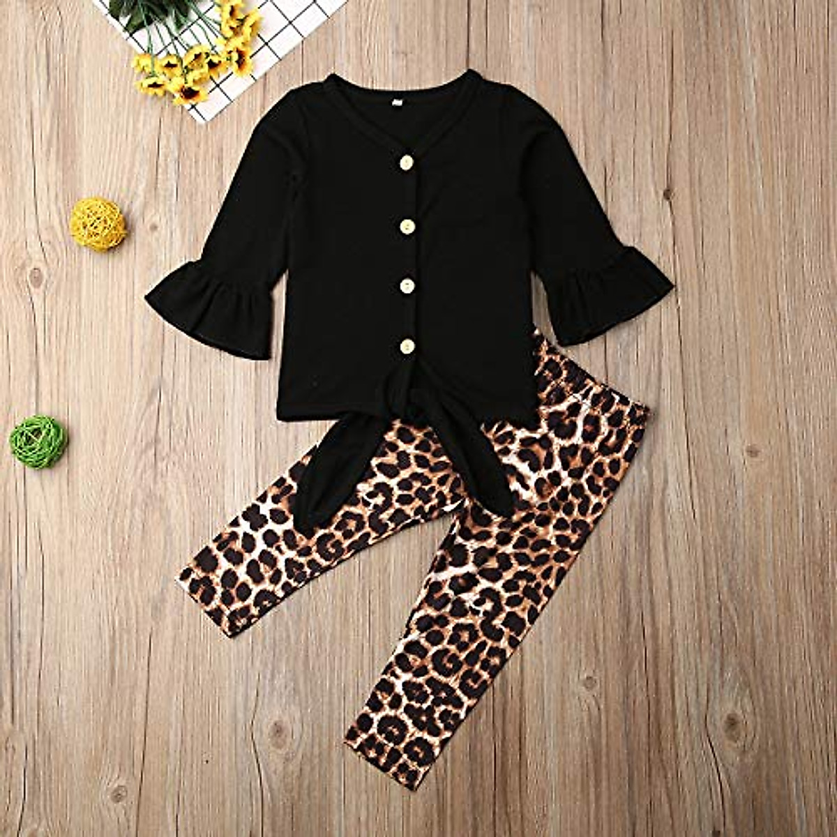GOOCHEER Casual Toddler Girl Clothes Long Sleeves Shirt Top Trousers Pants Set Toddler Girl Leopard Outfit Fall Winter Clothing (Black, 4-5T)