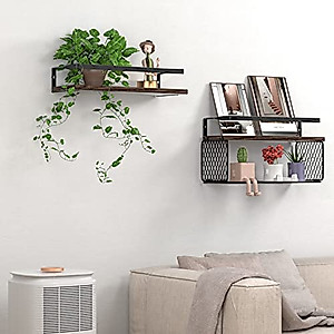 Floating Shelves, Bathroom Shelves Over Toilet with Wall Décor Sign, Wood Wall Shelves with Protective Metal Guardrail & Paper Storage Basket for Bathroom, Bedroom, Living Room, Kitchen (Black Walnut)