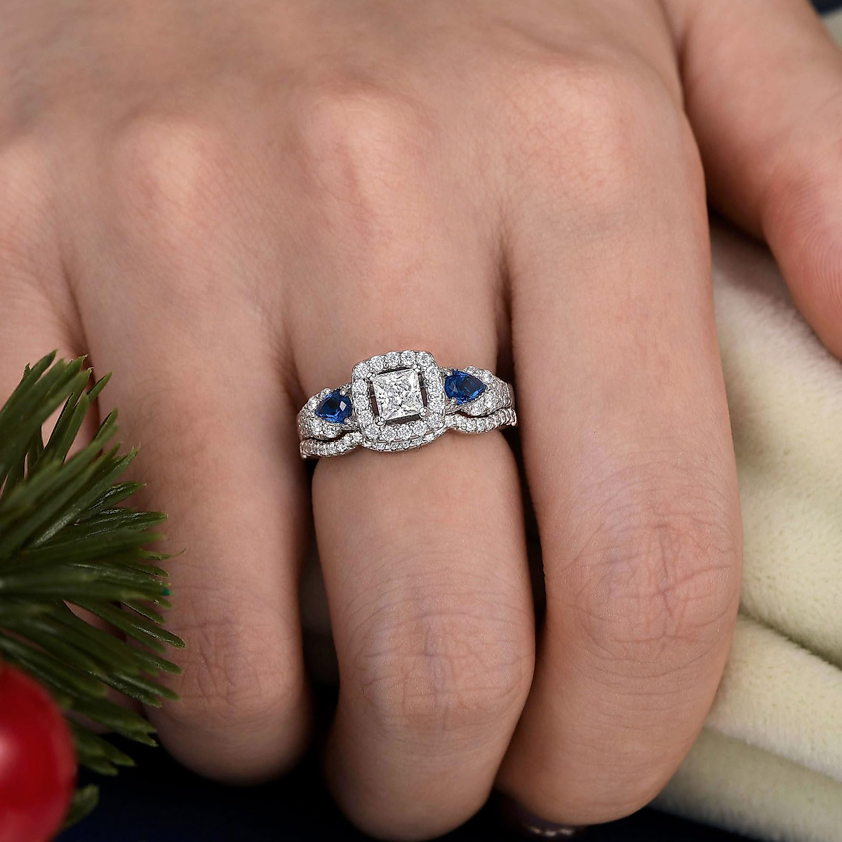 SHELOVES Princess Pear Blue Sapphire Sterling Silver Engagement Ring Wedding Ring Set for Women 6