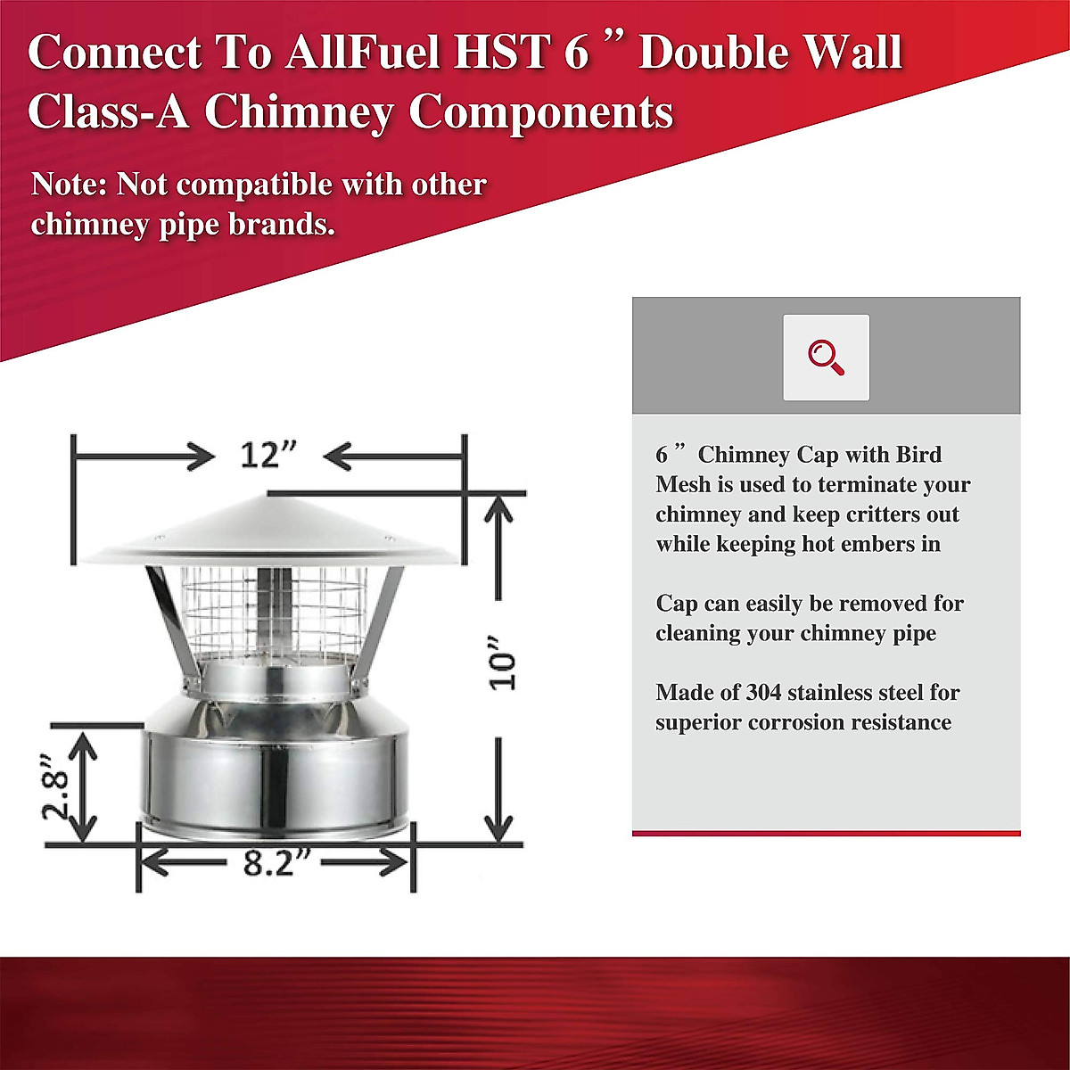 AllFuel HST Rain Cap with 3/4" Spark Arrestor for 6" Diameter 304 Stainless Steel All Fuel Class-A Double Wall Insulated Chimney Pipe