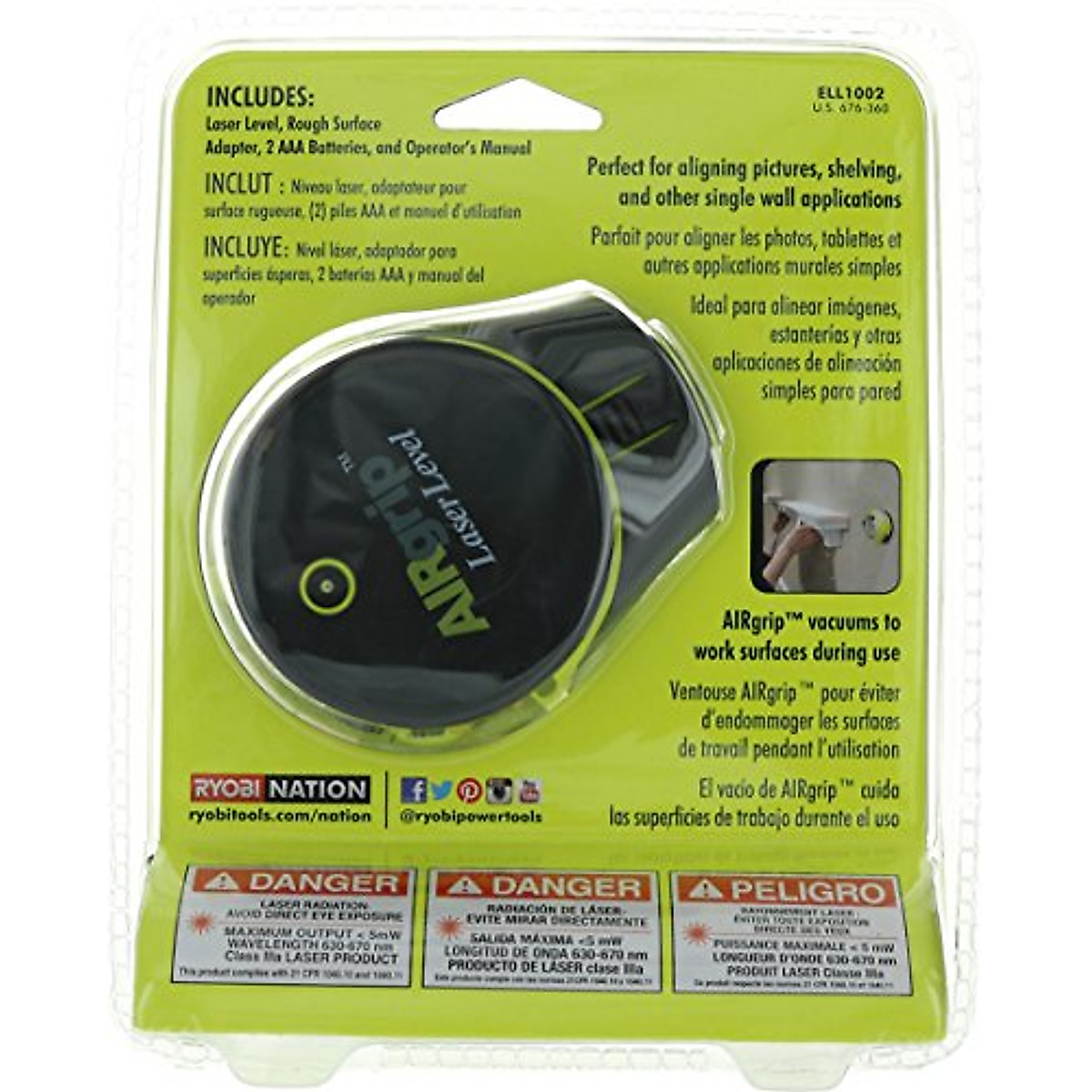 Ryobi ELL1002 Air Grip Compact Laser Level with Tripod Mounting and Corner Rounding Capability (AAA Batteries Included)
