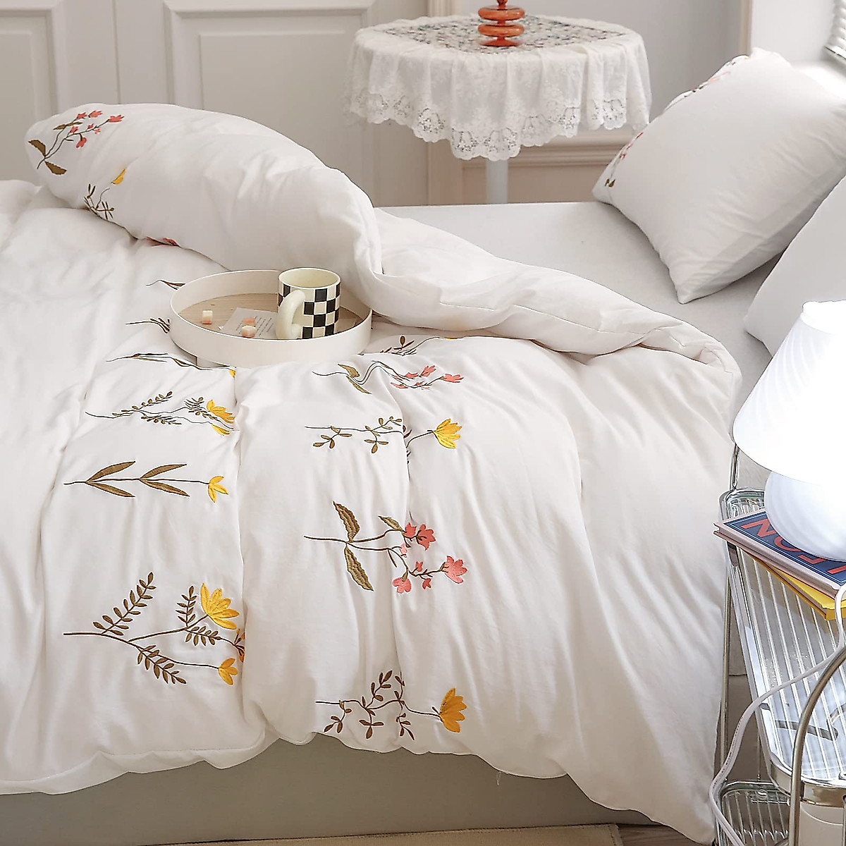 Move Over White Flower Pillow Cases Set of 2 Embroidery Flower Pillowcases King Size White Pastoral Pillow Covers Soft Washed Microfiber Girls Pink Yellow Flower Pillow Cases for Bedroom Decor