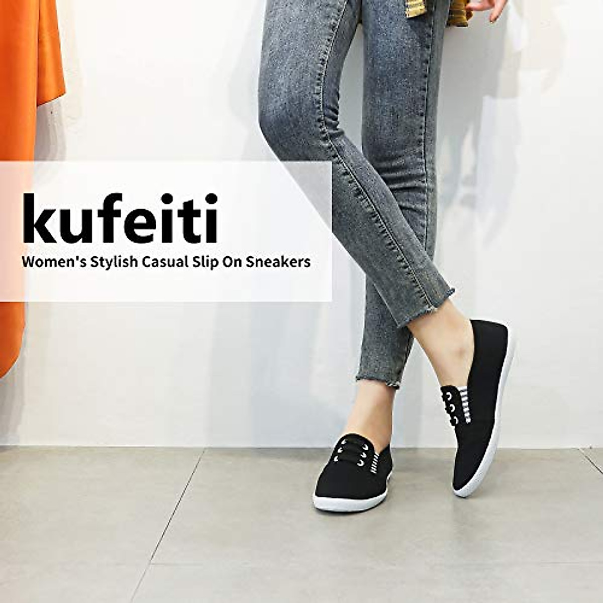 kufeiti Women’s Canvas Slip On Shoes Sneakers for Women Fashion Comfortable White Black Elastic Sneakers for Women(Black, US10)