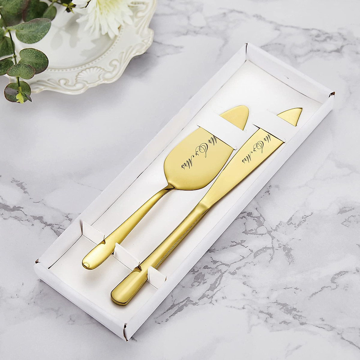 AW BRIDAL Gold Cake Cutting Set for Wedding, Mr Mrs Wedding Cake Knife Cake Pie Pastry Servers Gifts for Couples Wedding, Birthday, Parties and Events