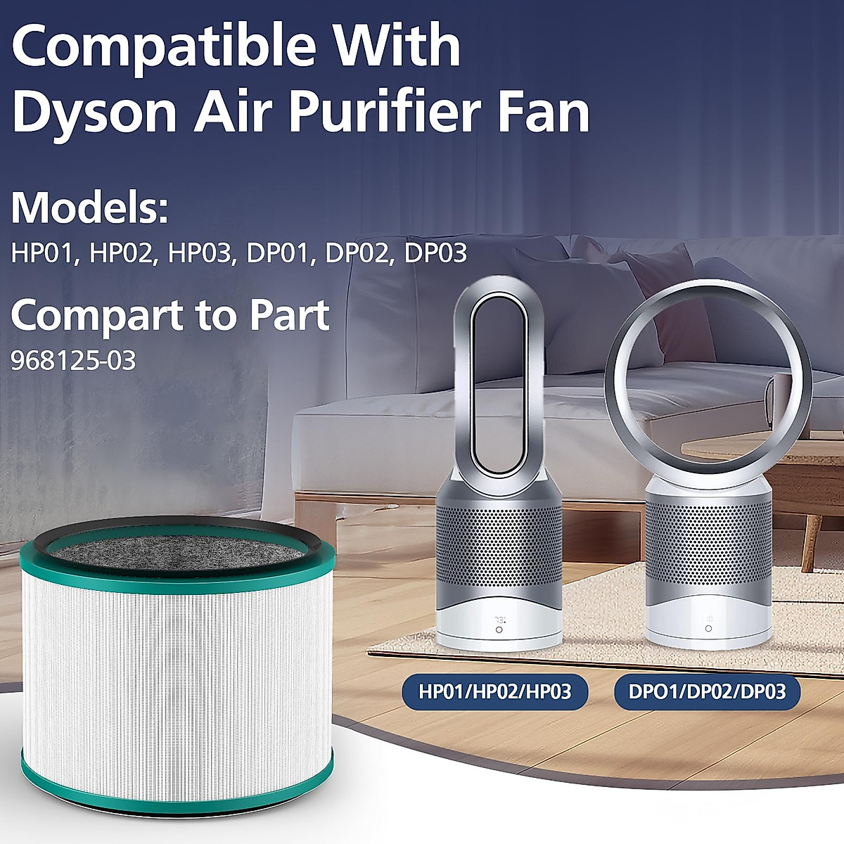 2-Pack HP01 HP02 True HEPA Filter Compatible with Dyson Pure Hot Cool Link HP01 HP02 & Dyson Pure Cool Link desk fan DP01 DP02, H13 HEPA for Dyson HP01 Filter, Compare to Part # 968125-03.