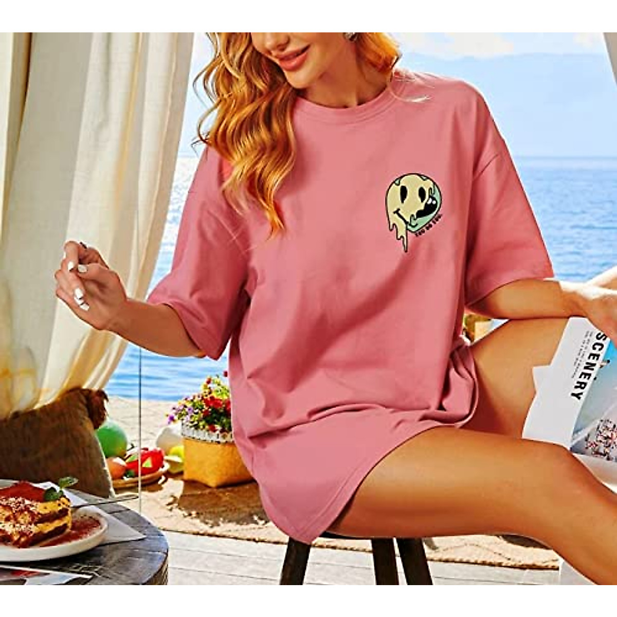 MISSACTIVER Women Oversized Graphic Print Tee Shirt Loose Short Sleeve Round Neck Drop Shoulder Tee Top Pullover Pink