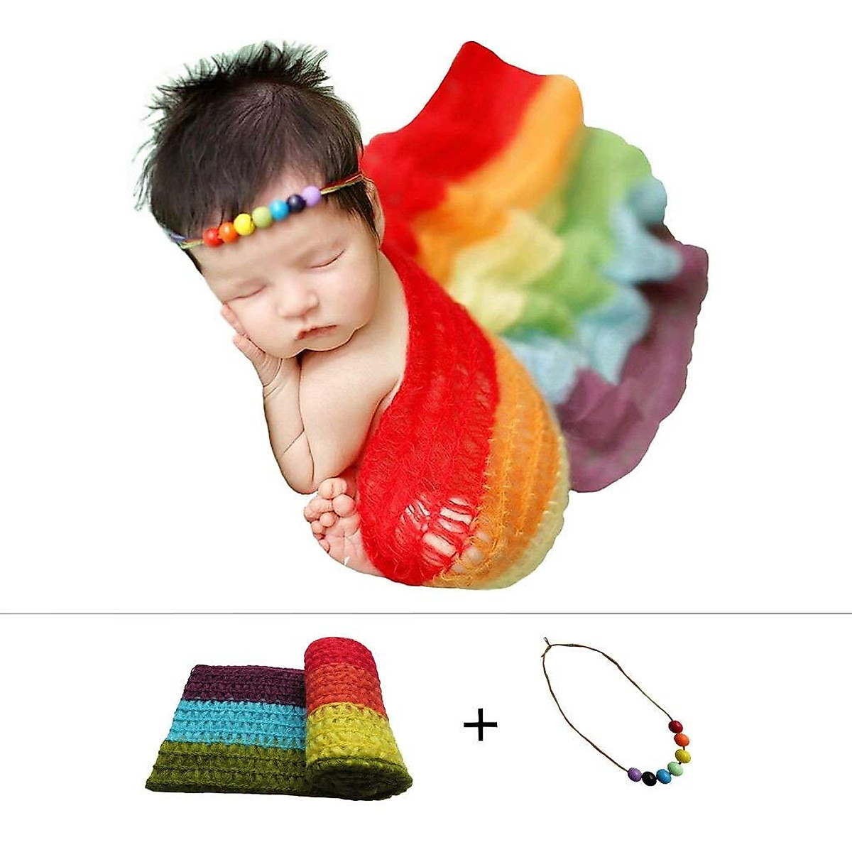 Newborn Baby Stretch Knit Wrap,Photography Photo Props Rainbow Tassel Blanket Include Headband