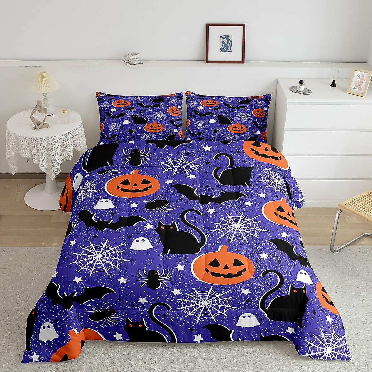 Feelyou Happy Halloween Full Size Bedding Set Decoration Pumpkin Lantern Comforter Set for Kids Boys Girls Spooky Cat Bat Duvet Set Purple Quilt Set Soft and Lightweight