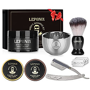 Straight Razor Shaving Kit, Includes 2 Packs Shaving Soap, Straight Edge Razor, Shaving Cream,Shaving Brush and Shaving Bowl Shaving Unique Gifts Set Stocking Stuffers for Men Him Dad (Sweat Orange)